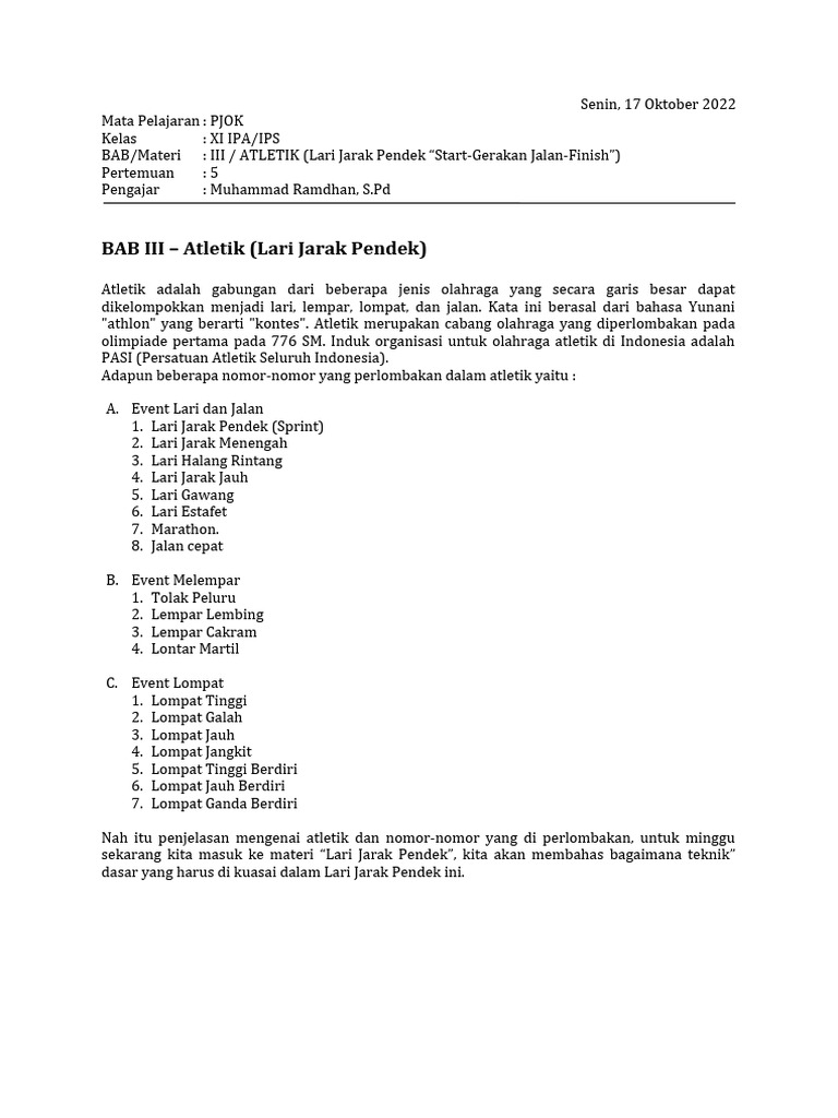 5 BAB III ATLETIK (Lari Jarak Pendek "Start-Gerakan Jalan-Finish") | PDF