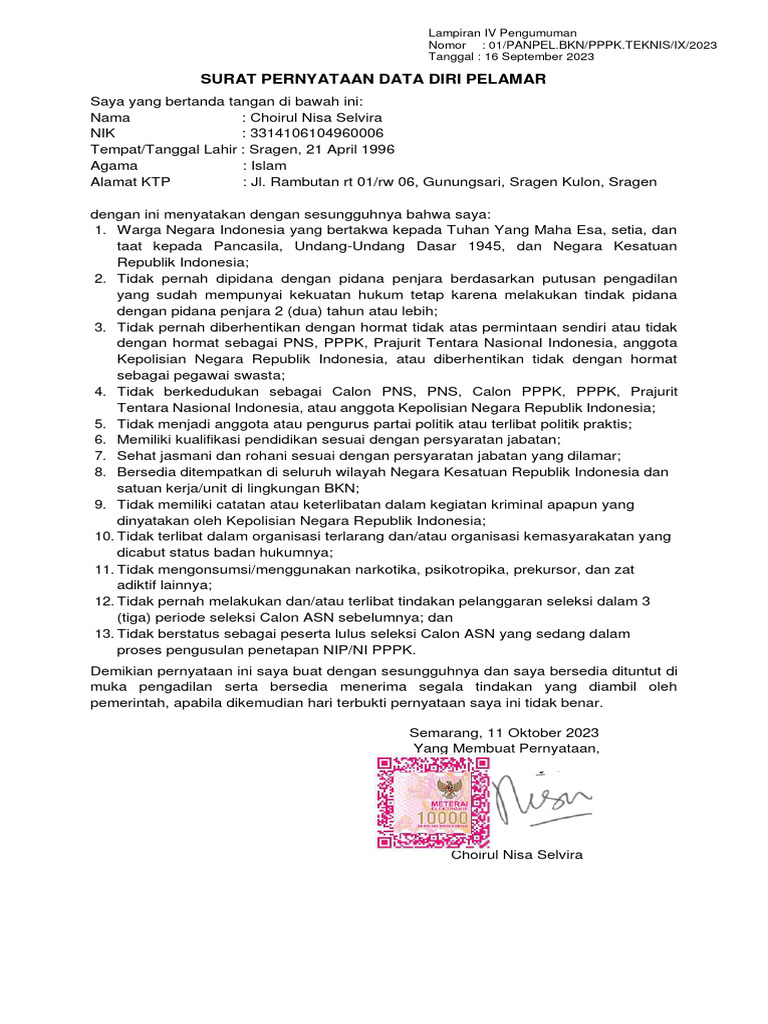Lampiran IV Format Surat Pernyataan Data Diri PPPK Teknis BKN 2023 | PDF | Ilmu Sosial