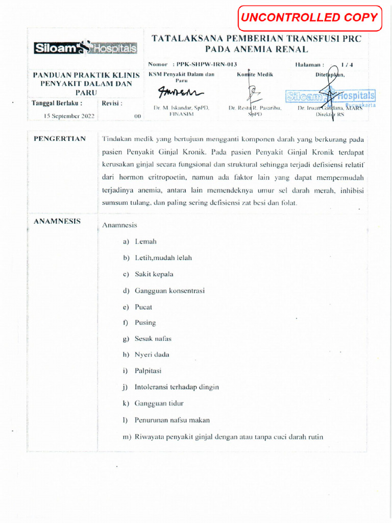 PPK - Tatalaksana Pemberian Tranfusi PRC Pada Anemia Renal | PDF