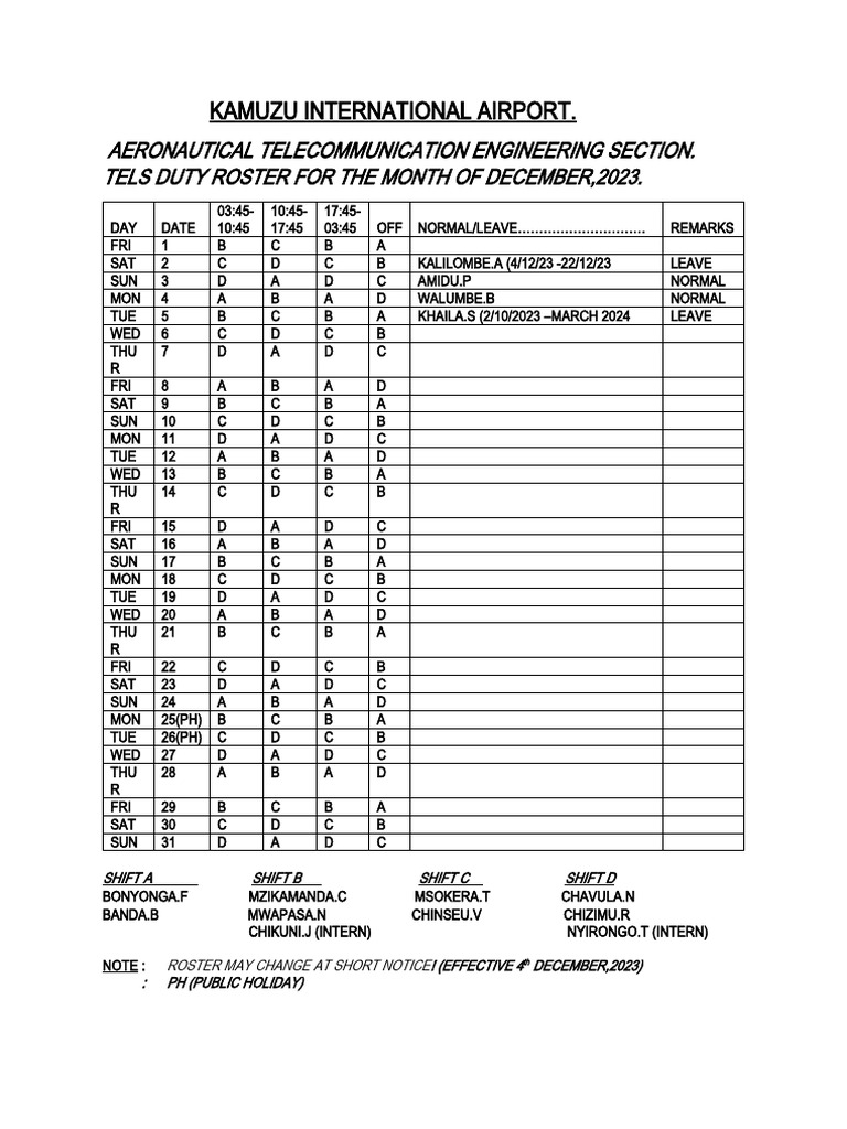 Duty Roster December 2023. | PDF Duty Roster December 2023. | PDF