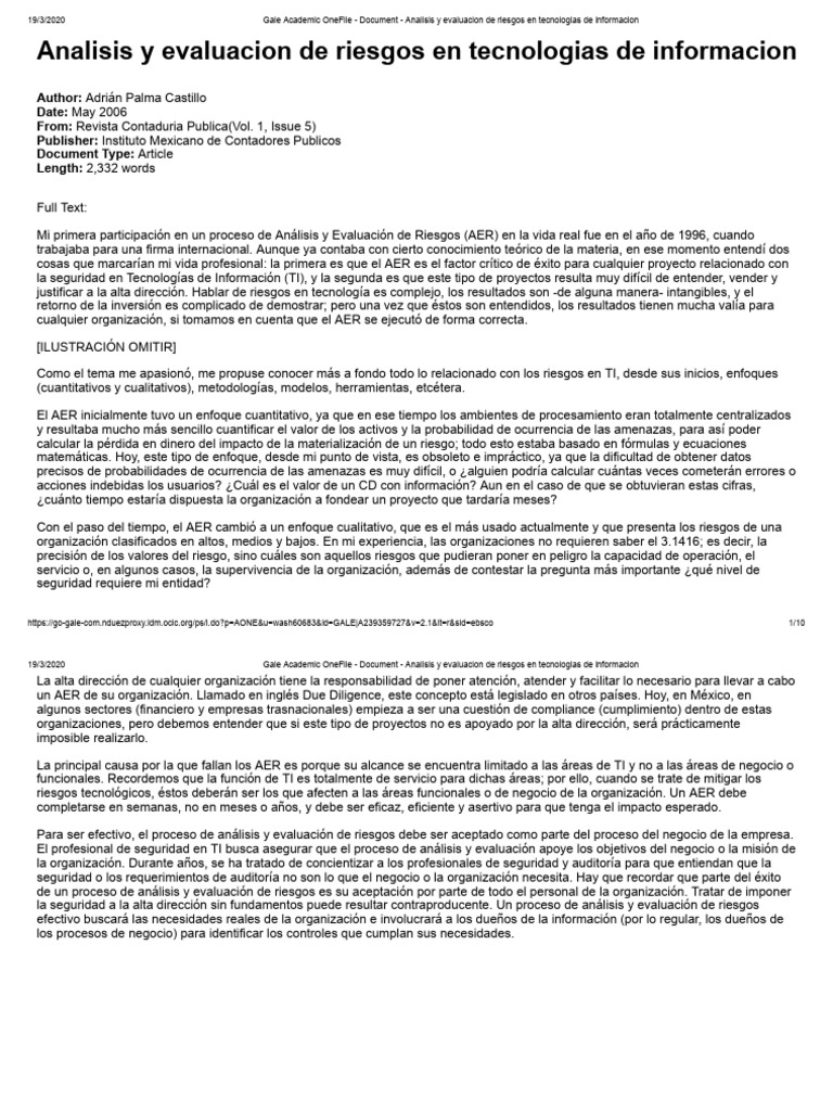 Gale Academic OneFile - Document - Analisis y Evaluacion de Riesgos en ...