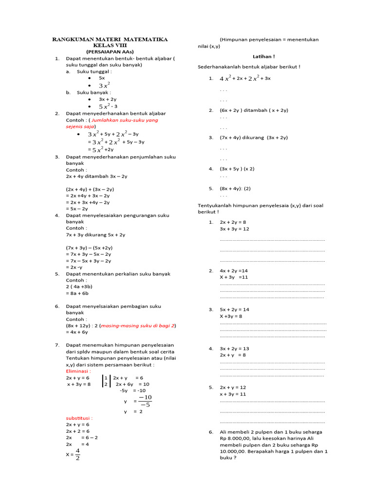 Rangkuman Materi Dan Latihan Soal Persiapan AAS MTK | PDF