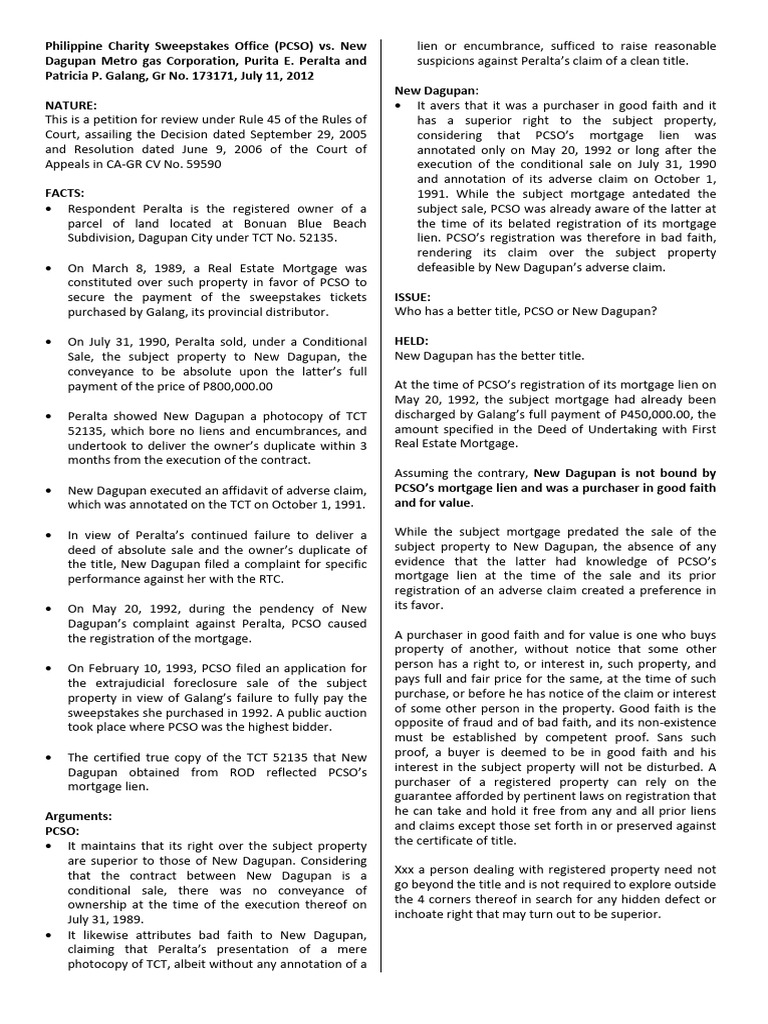 PCSO vs. New Dagupan: Title Dispute | PDF | Mortgage Law | Justice