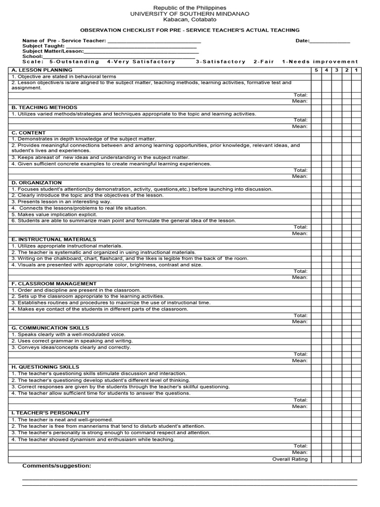 Observational Checklist For Pre Service Teachers Actual Teaching | PDF ...