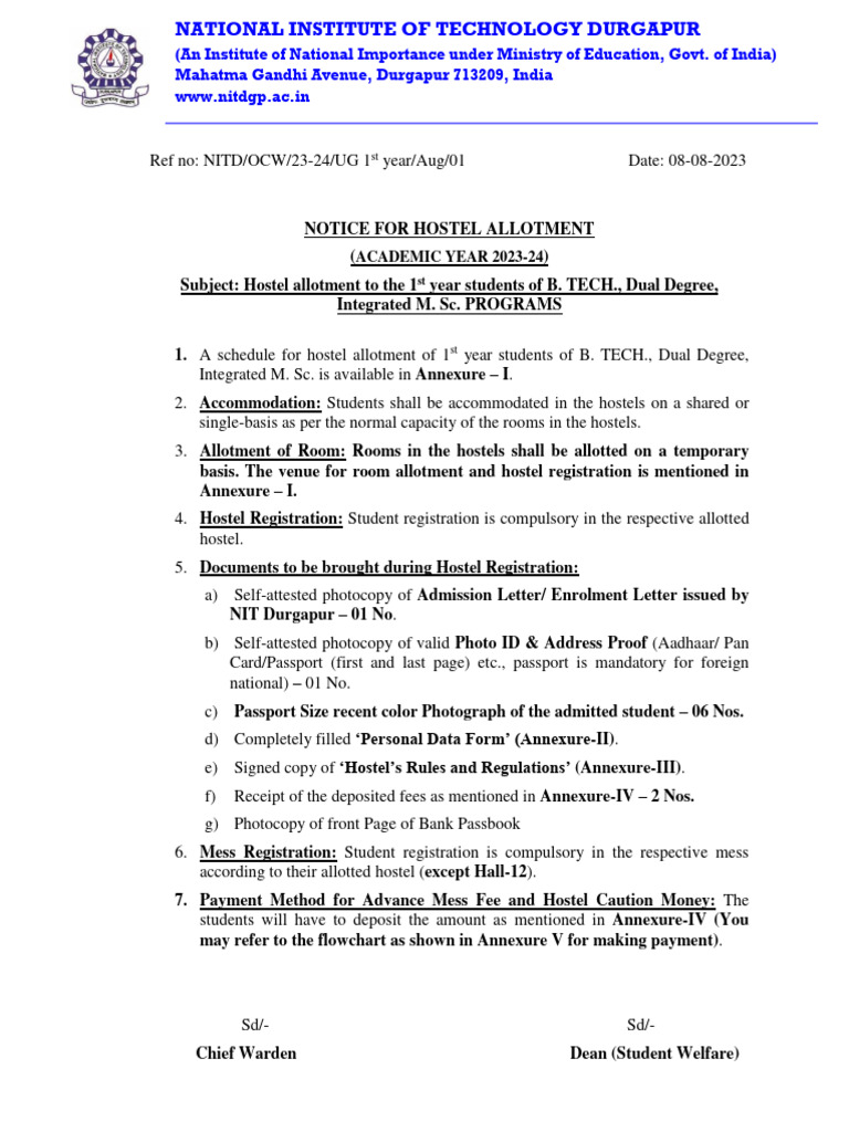 Hostel Allotment Notice UG 1st Year AY 2023-24 | PDF