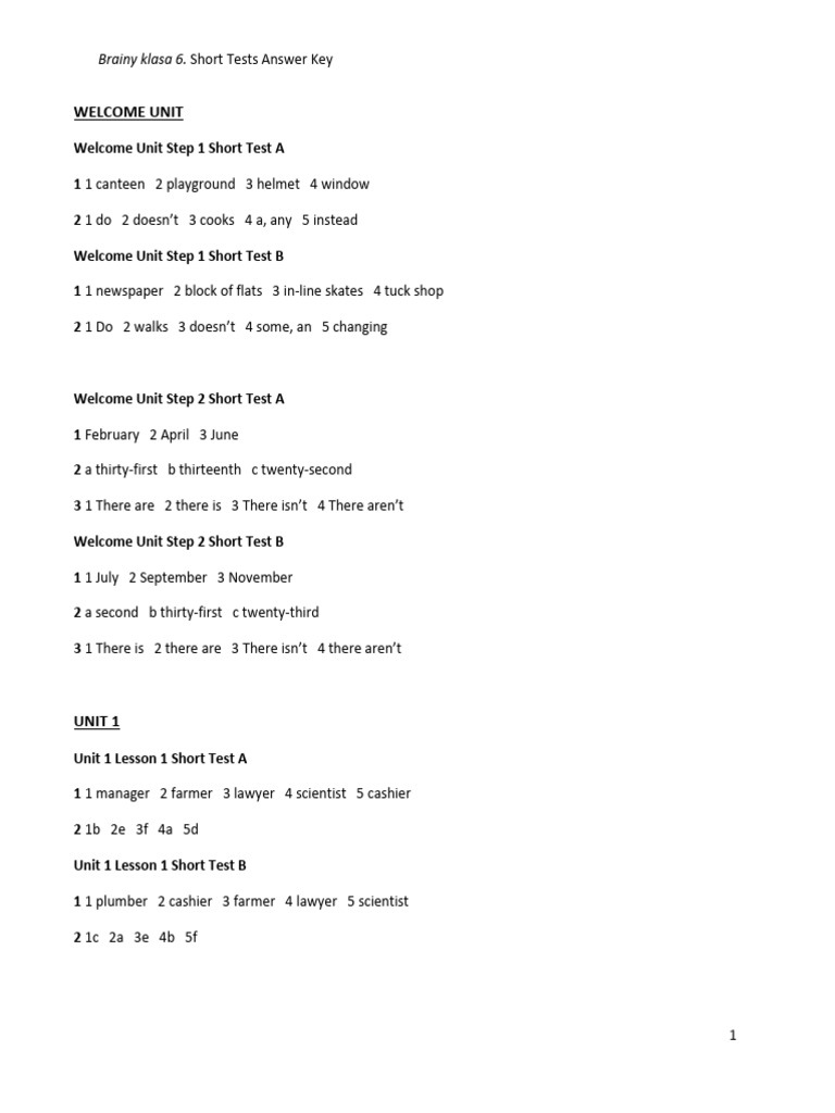 Brainy Kl6 Short Tests Answer Key | PDF