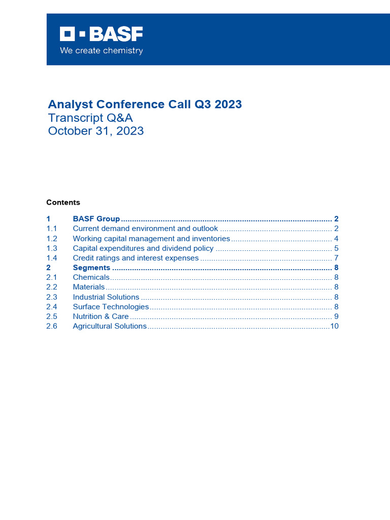BASF Q3-2023 Transcript QA by Topic | PDF | Inventory | Interest
