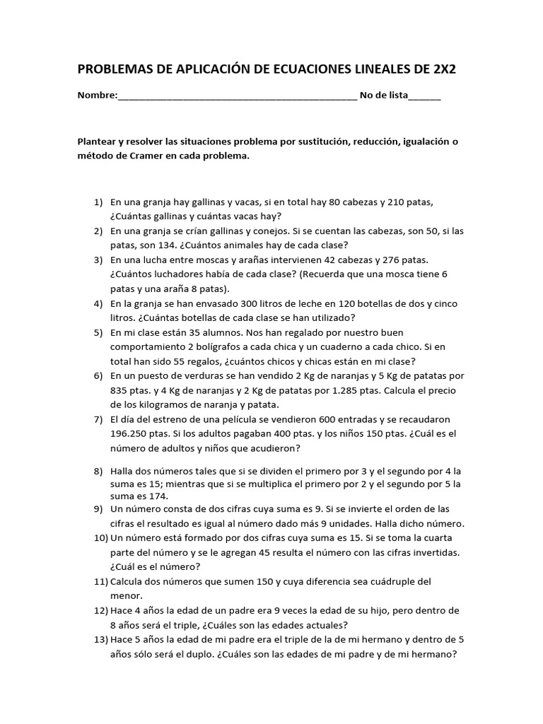 Problemas de Aplicación de Ecuaciones Lineales de 2X2 | PDF