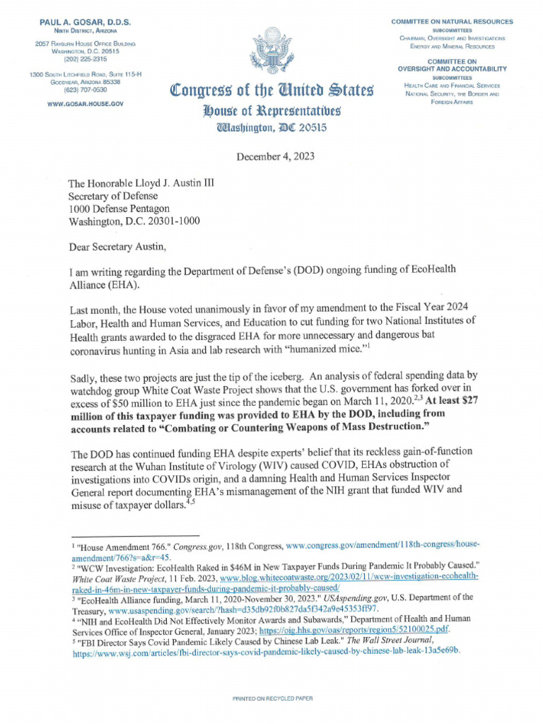 (DAILY CALLER OBTAINED) -- 12.4.23 Gosar Letter to DOD Re EcoHealth ...