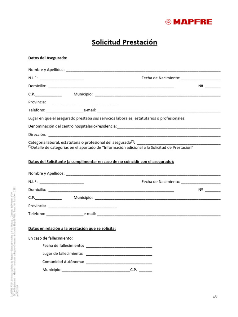 Solicitud Prestacion Mapfre | PDF | Póliza de seguros | Seguro