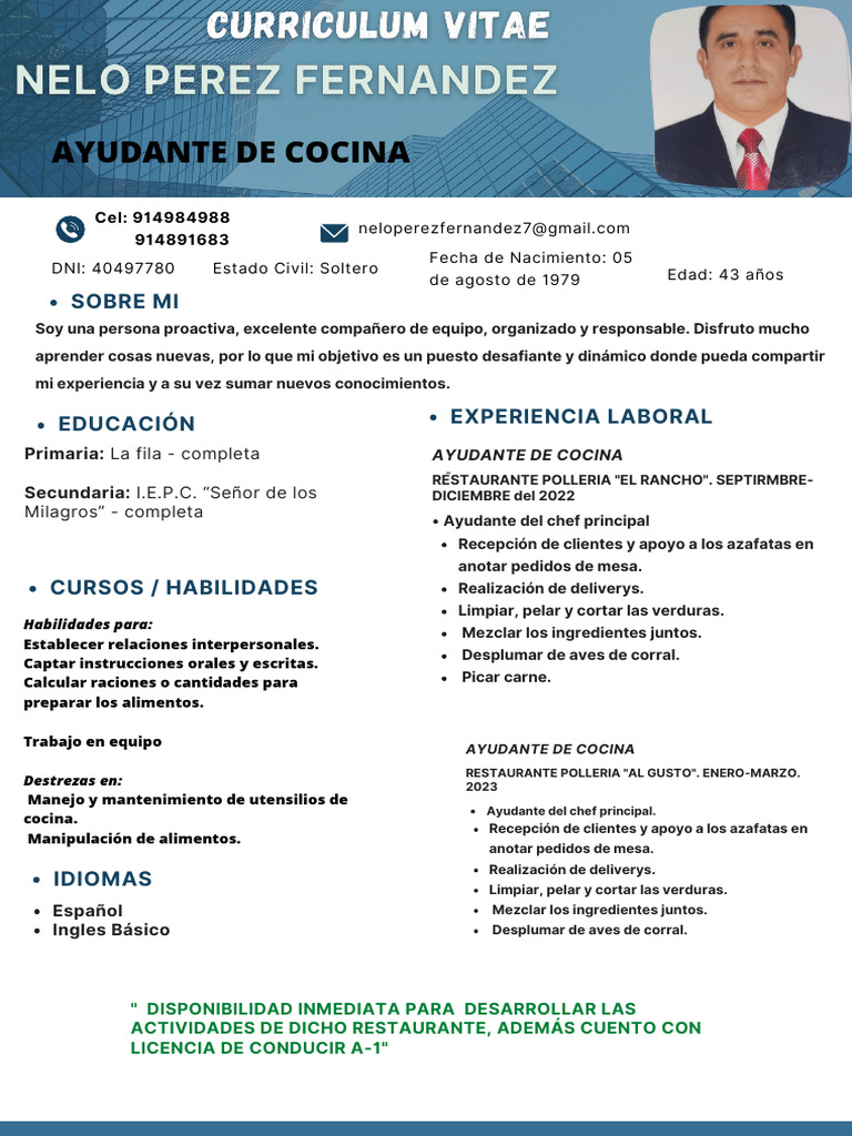 Curriculum Vitae NELO PEREZ FERNANDEZ AYUDANTE DE COCINA | PDF | Alimentos | Cocinando