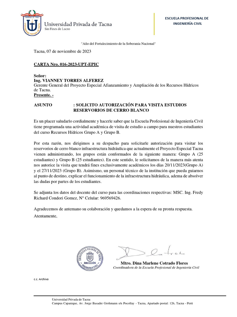 CARTA Nro. 16-2023-UPT-EPIC - RESERVORIOS CERRO BLANCO | PDF