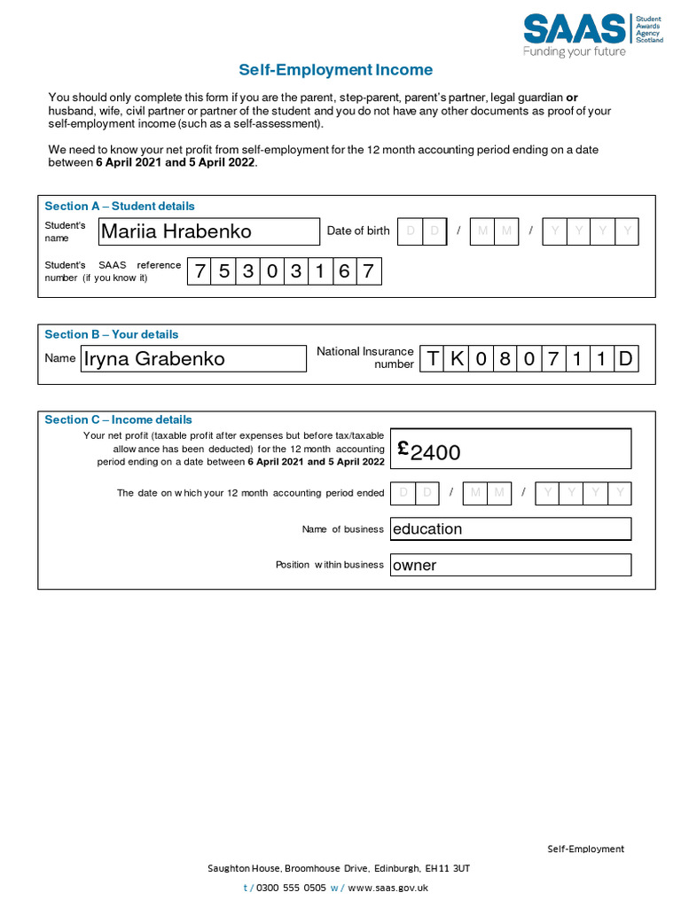 Saas Self Employment Income Form | PDF | Self Employment | Small ...