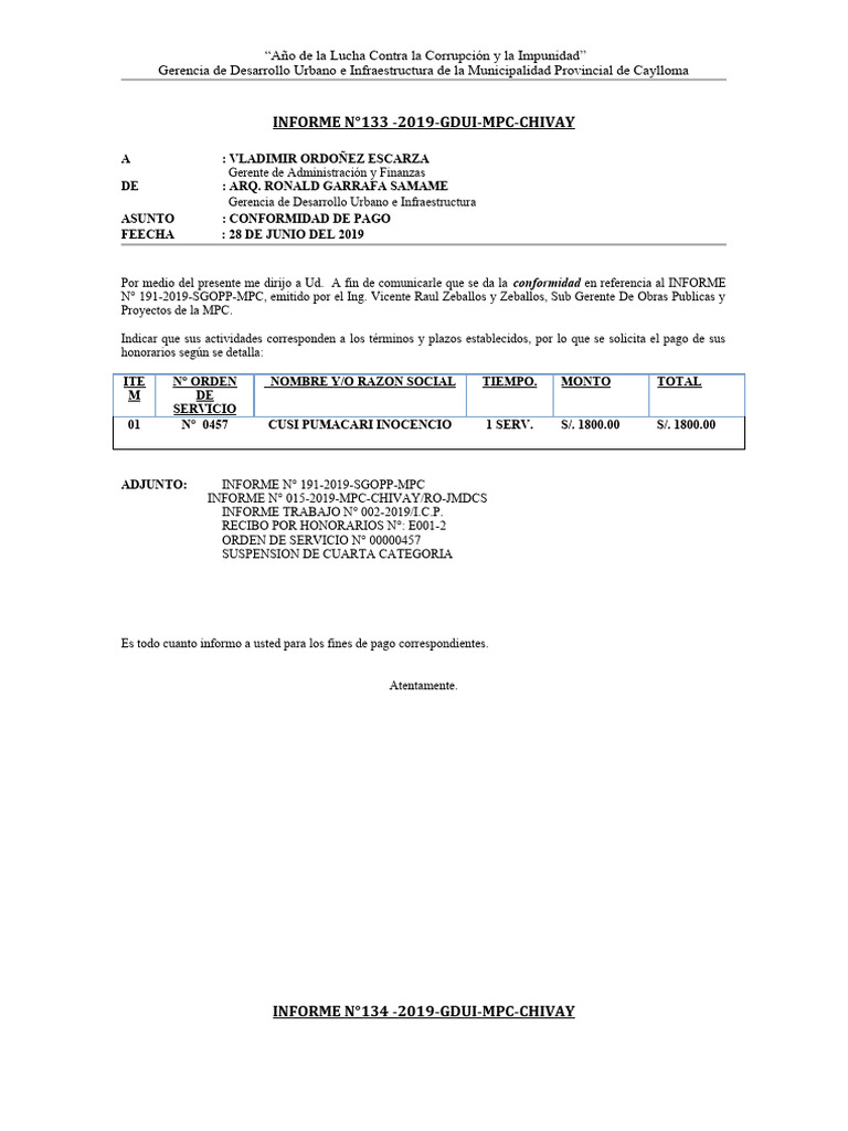 Informe #133 Conformidad de Pago | PDF