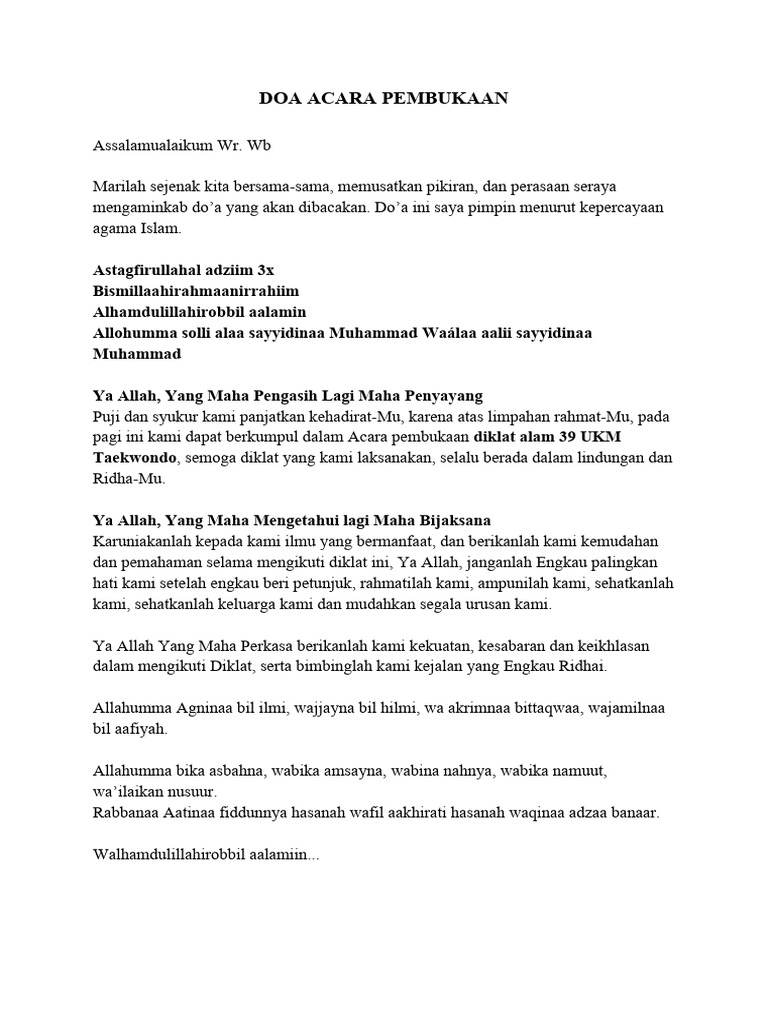 Teks Doa Acara Pembukaan Diklat Alam 39 2022 | PDF