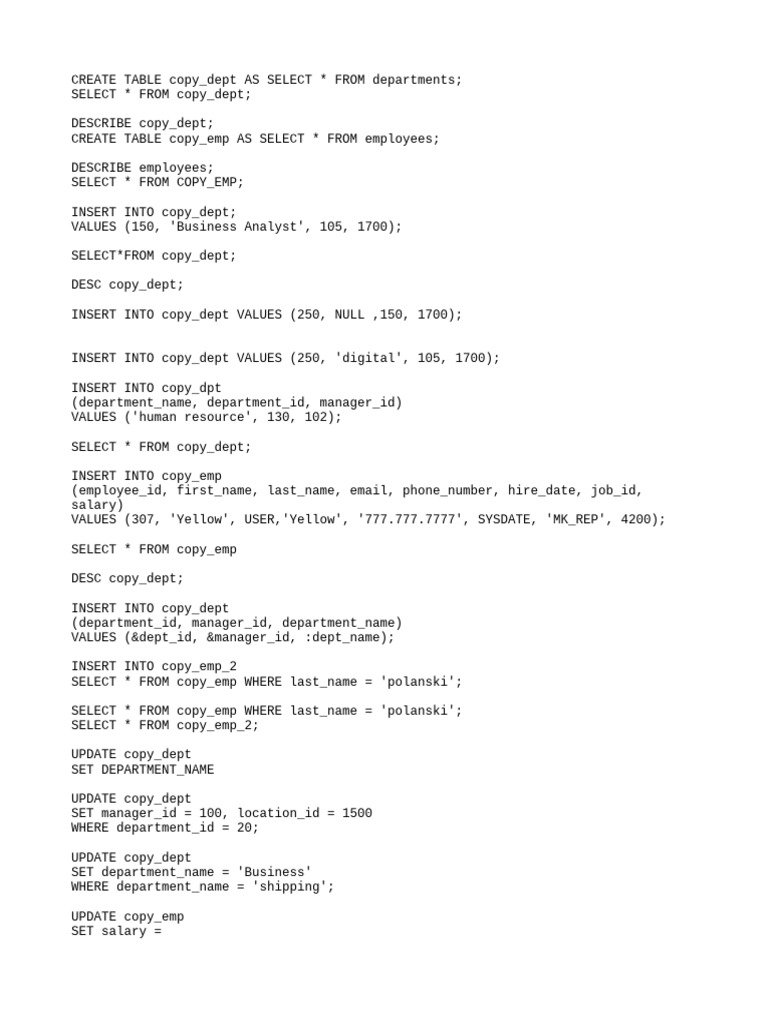 Create Table Copy - Dept As Select F | PDF