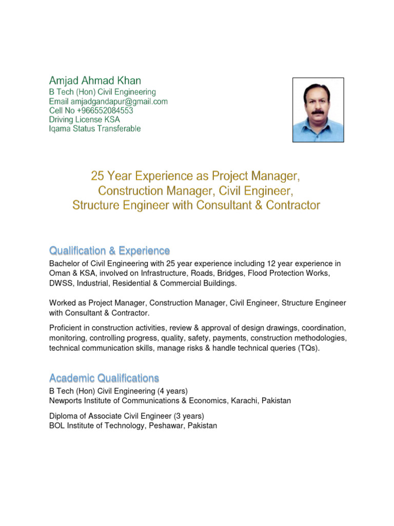 CV Amjad Ahmad Khan | PDF | Precast Concrete | Concrete