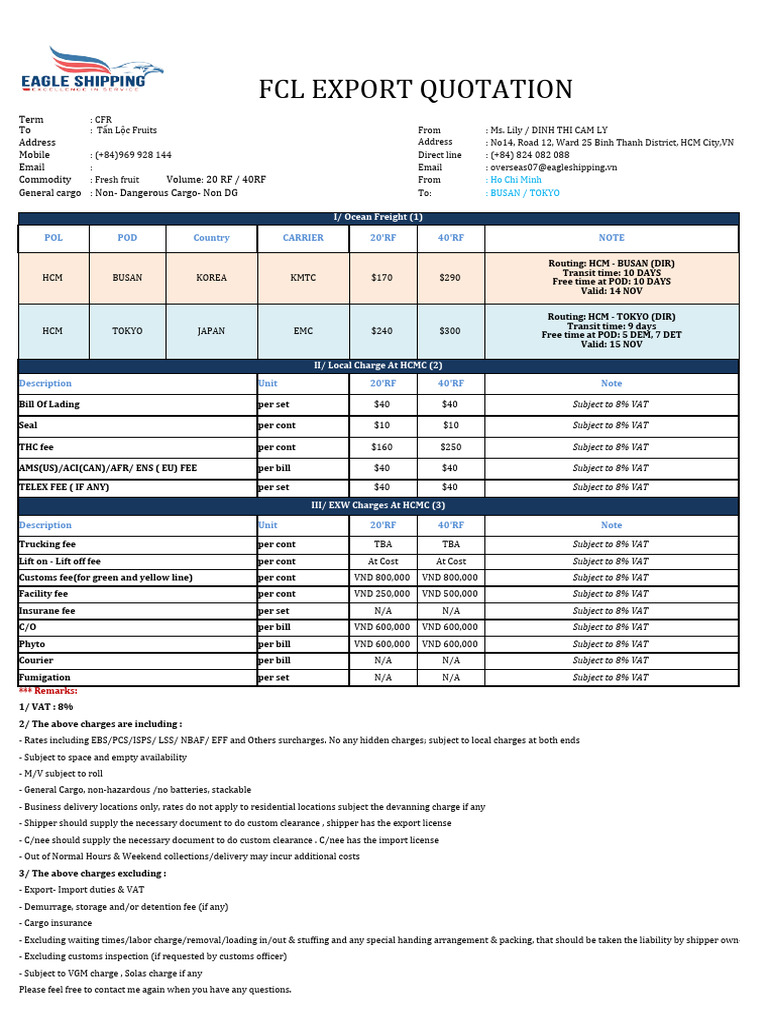 Quotation - From HCM To Busan - Tokyo Oct - 2023 | PDF | Cargo | Customs