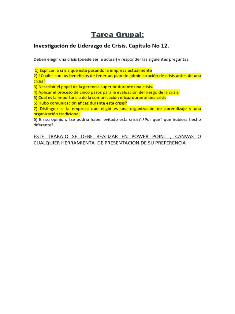 Tercera Tarea Grupal Liderazgo en Crisis 2023 | PDF | Relaciones personales, crianza y ...