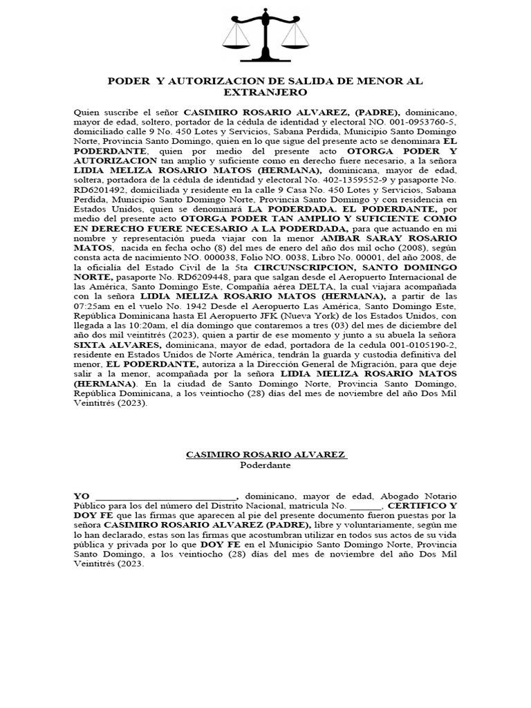 PODER Y AUTORIZACION DE SALIDA DE MENOR AL EXTRANJERO Osvaldo | PDF ...