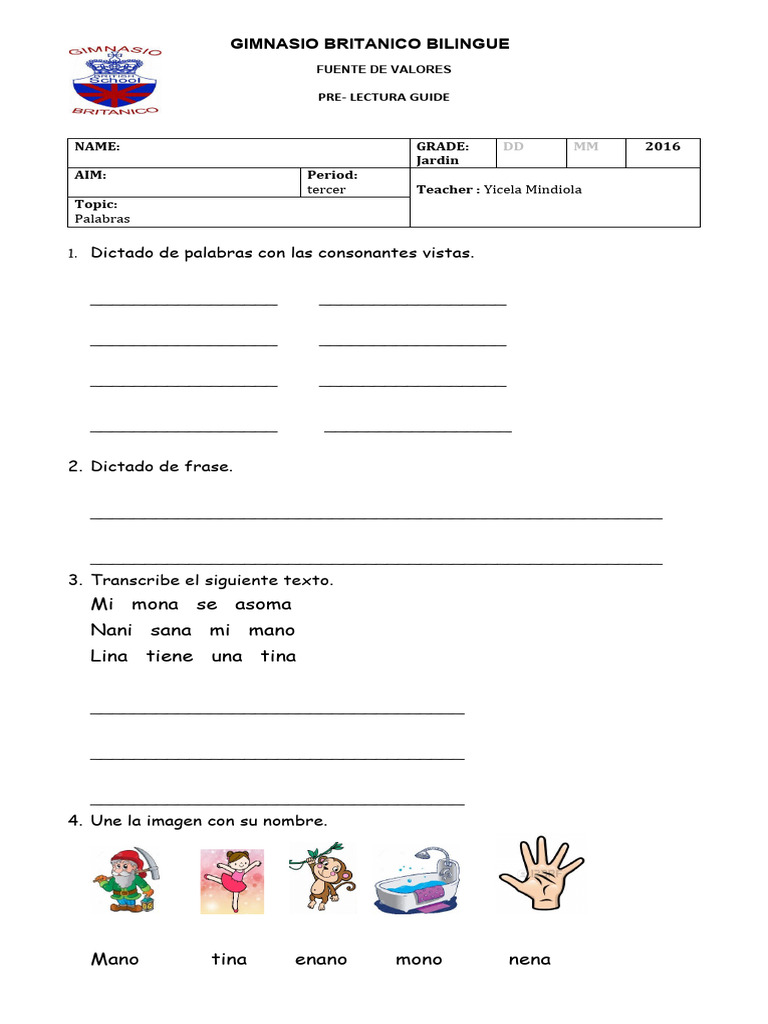 Taller de Pre-Lectura Consonante N | PDF