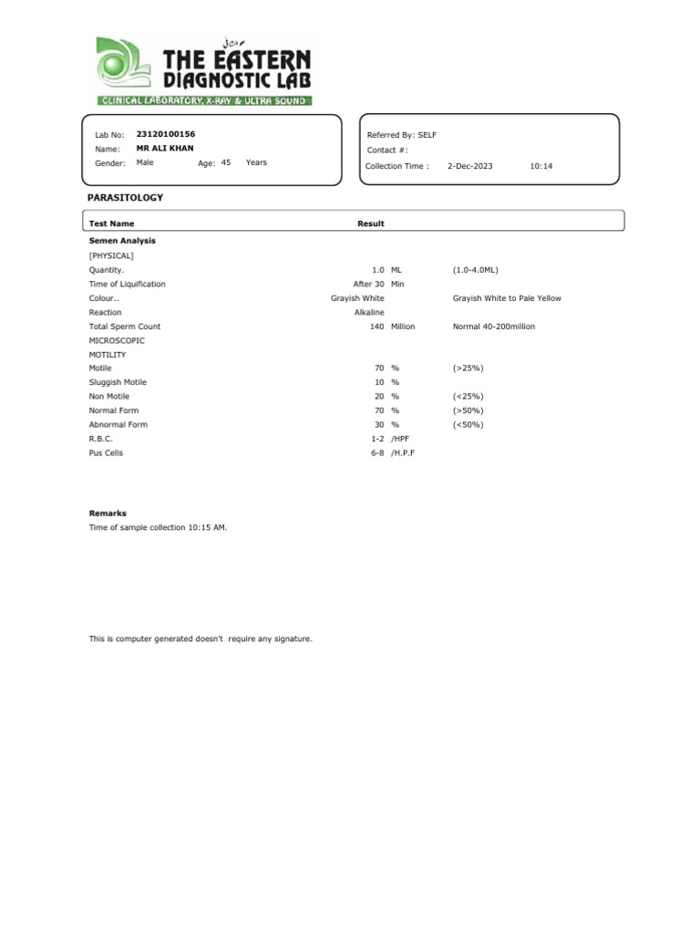 Semen Analysis Report for Mr. Ali Khan | PDF