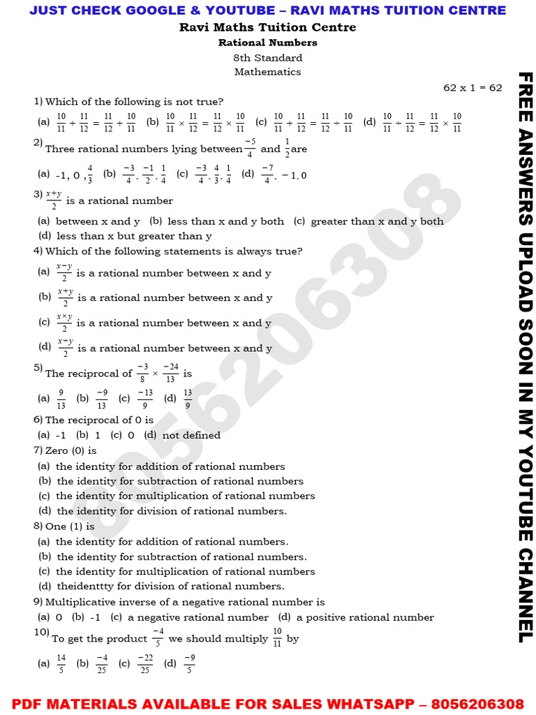 8TH CBSE MATHS Rational Numbers WORKSHEET | PDF | Integer | Numbers