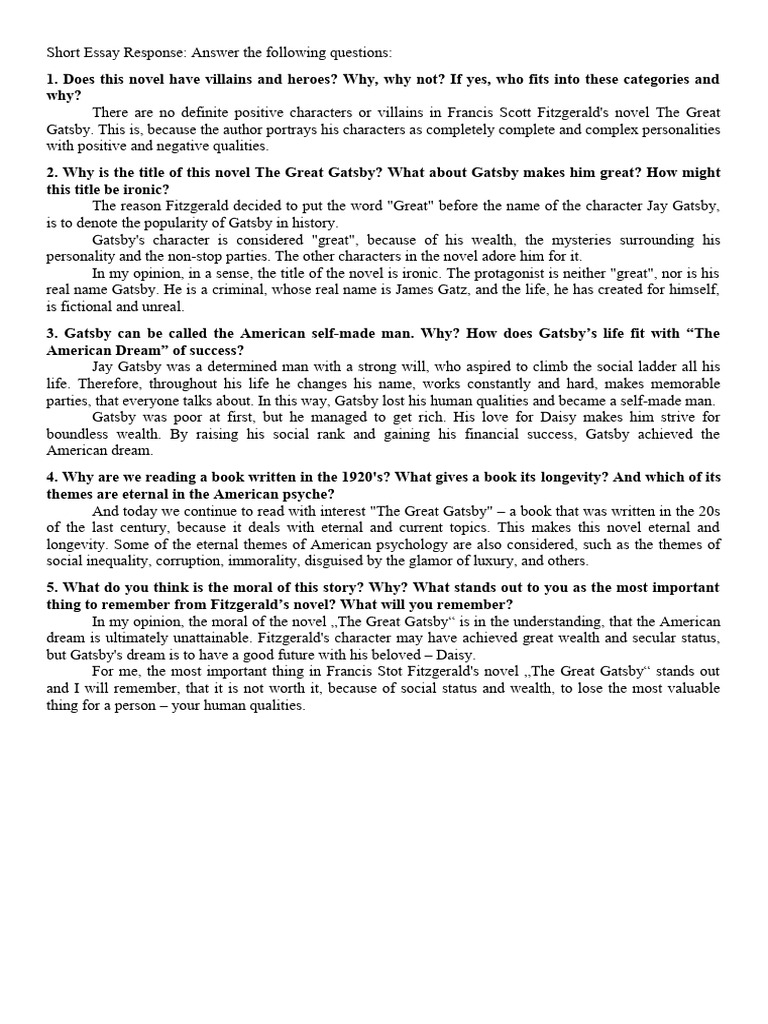 The Great Gatsby - Questions | Download Free PDF | The Great Gatsby