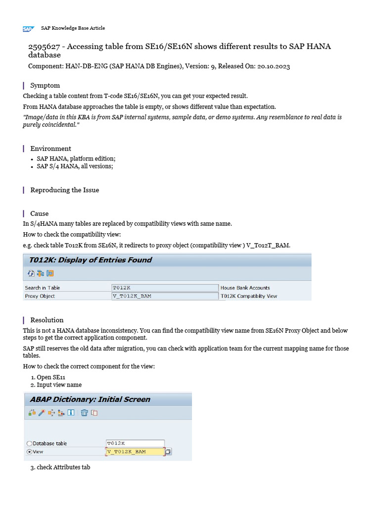 Accessing Table From SE16/SE16N Shows Different Results To SAP HANA Database | PDF | Databases ...
