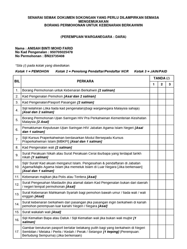 Checklist Borang Kahwin | PDF