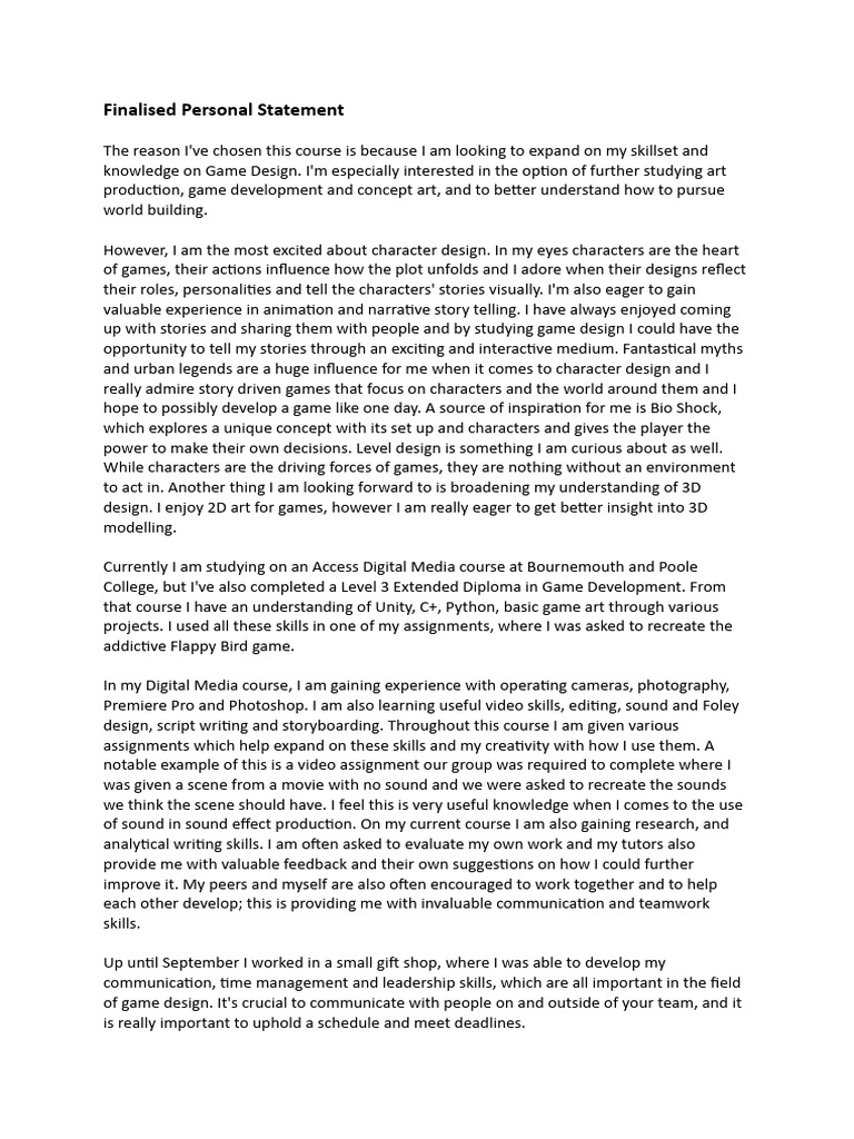 Passionate Game Design Personal Statement | PDF | Cognition