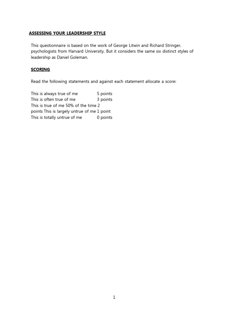 Goleman Leadership Styles Assessment | PDF | Leadership | Psychological ...