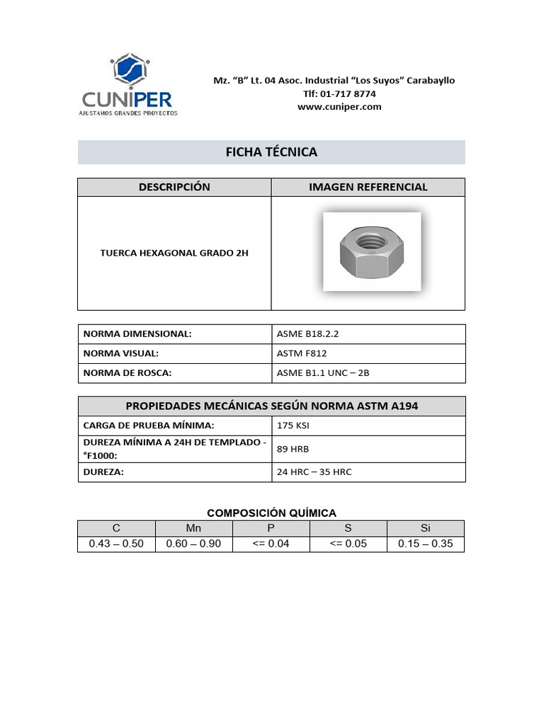 Ficha Técnica Tuerca 2h | PDF