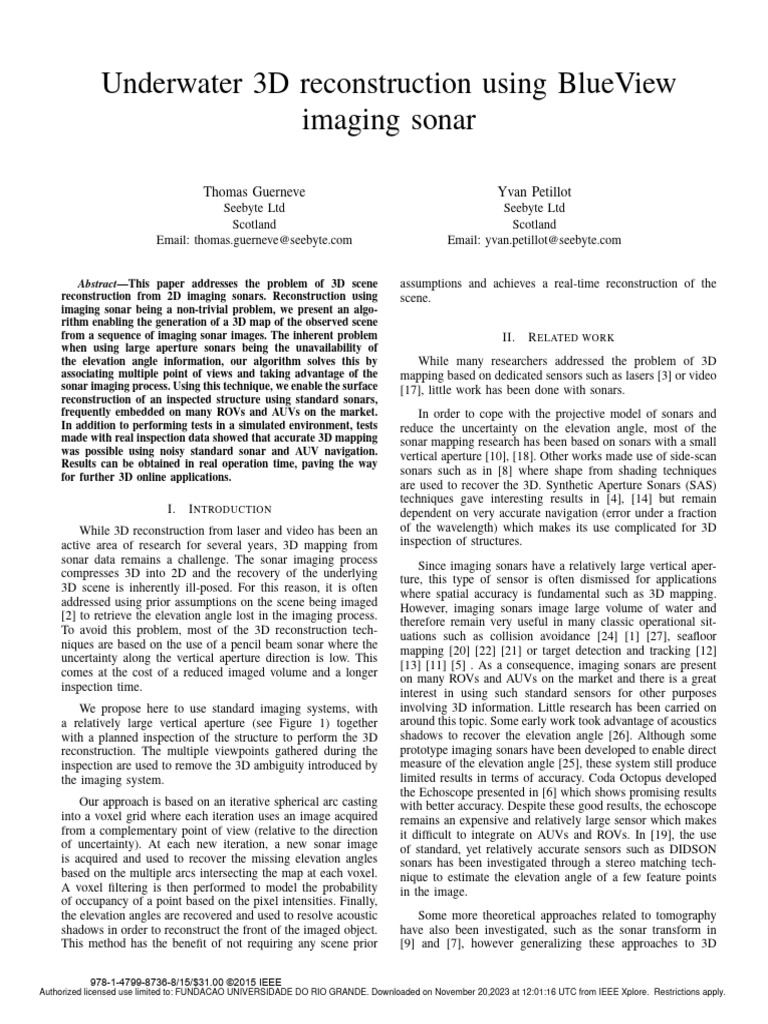 Underwater 3D Reconstruction Using BlueView Imaging Sonar | PDF | Sonar | 3 D Computer Graphics