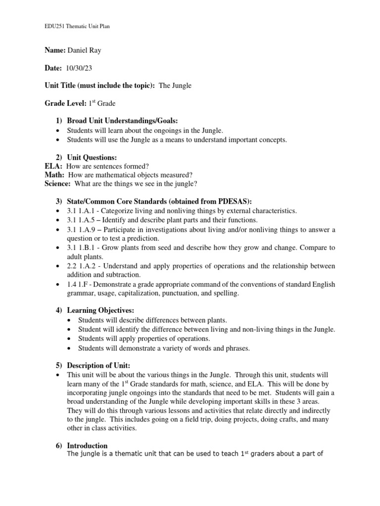 Edu 251 Thematic Unit Plan | PDF | Knowledge | Zoo