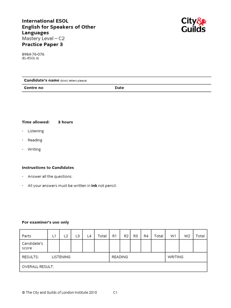 Mastery Level - C2: International ESOL English For Speakers of Other ...