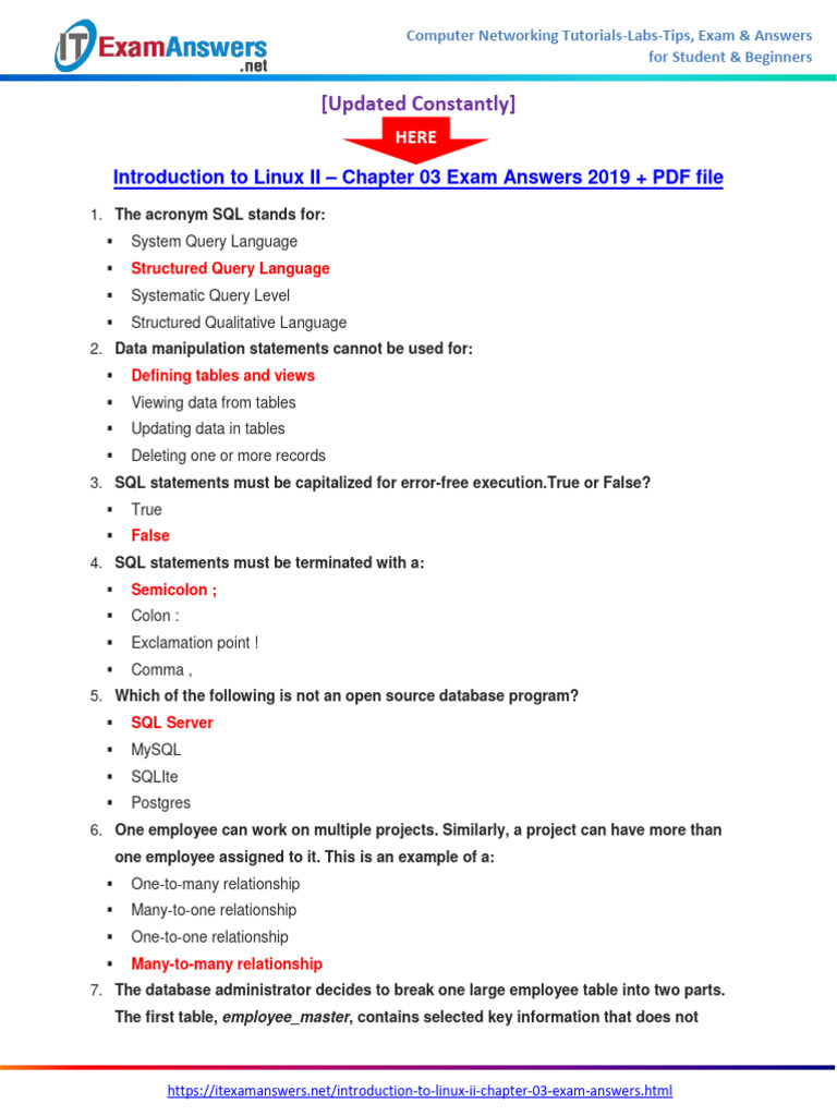 Introduction To Linux II - Chapter 03 Exam Answers 2019 + PDF | PDF | Sql | Table (Database)