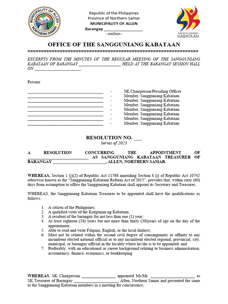 Resolution Concurring The SK Treasurer | PDF | Government | Philippines