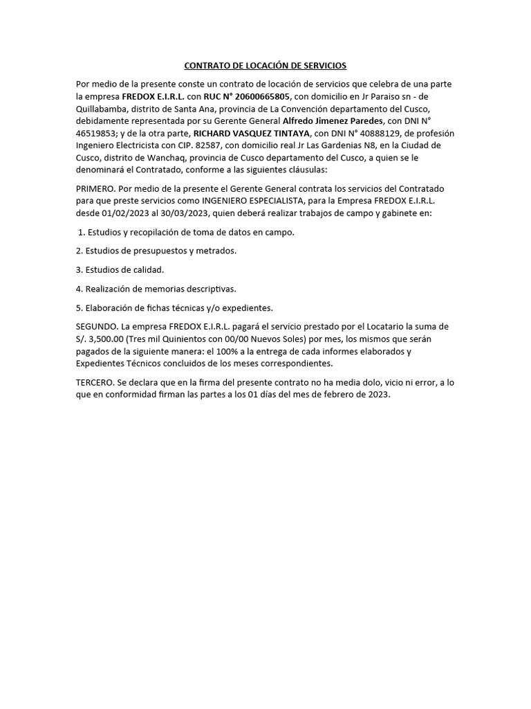 CONTRATO DE LOCACIÓN DE SERVICIOS electrico | PDF