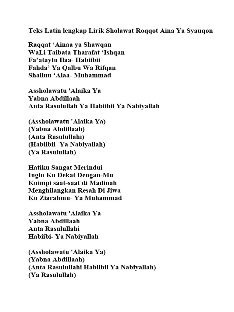 Teks Latin Lengkap Lirik Sholawat Roqqot Aina Ya Syauqon | PDF