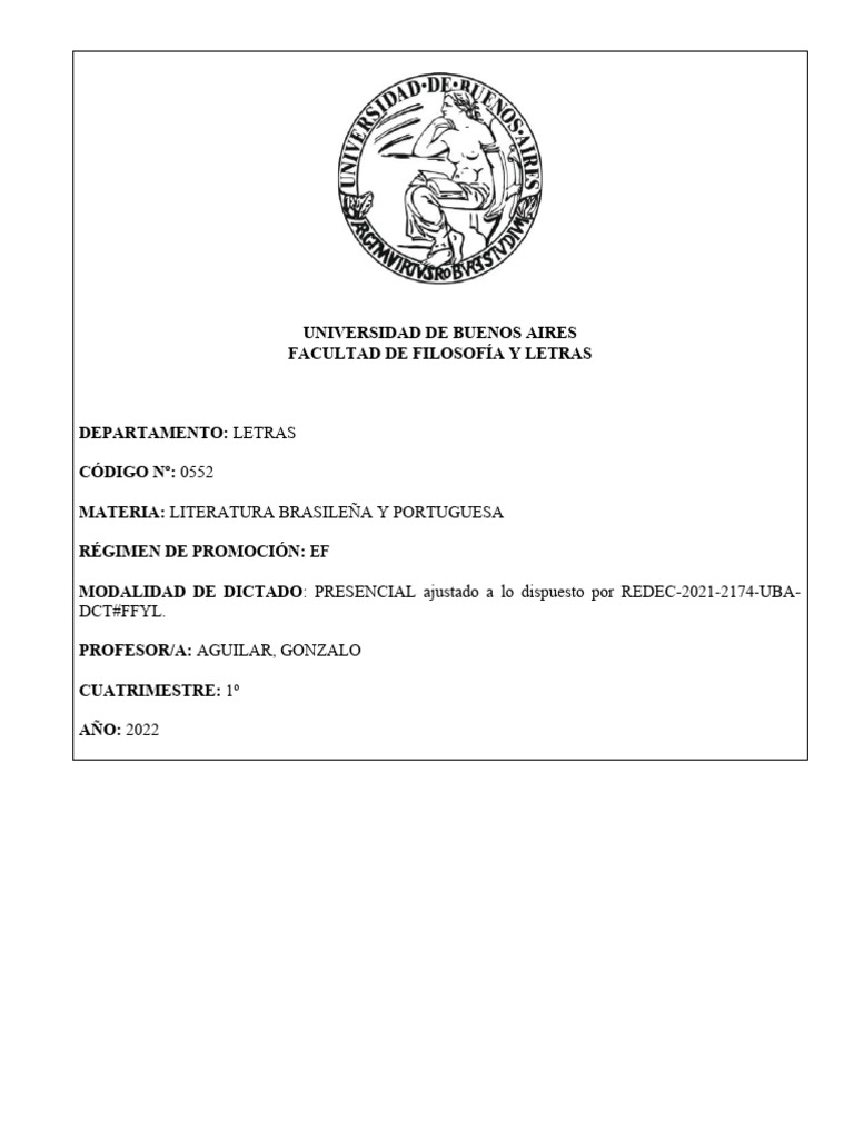 PROGRAMAS MATERIAS Literatura Brasileña y Portuguesa Aguilar 2022 | PDF