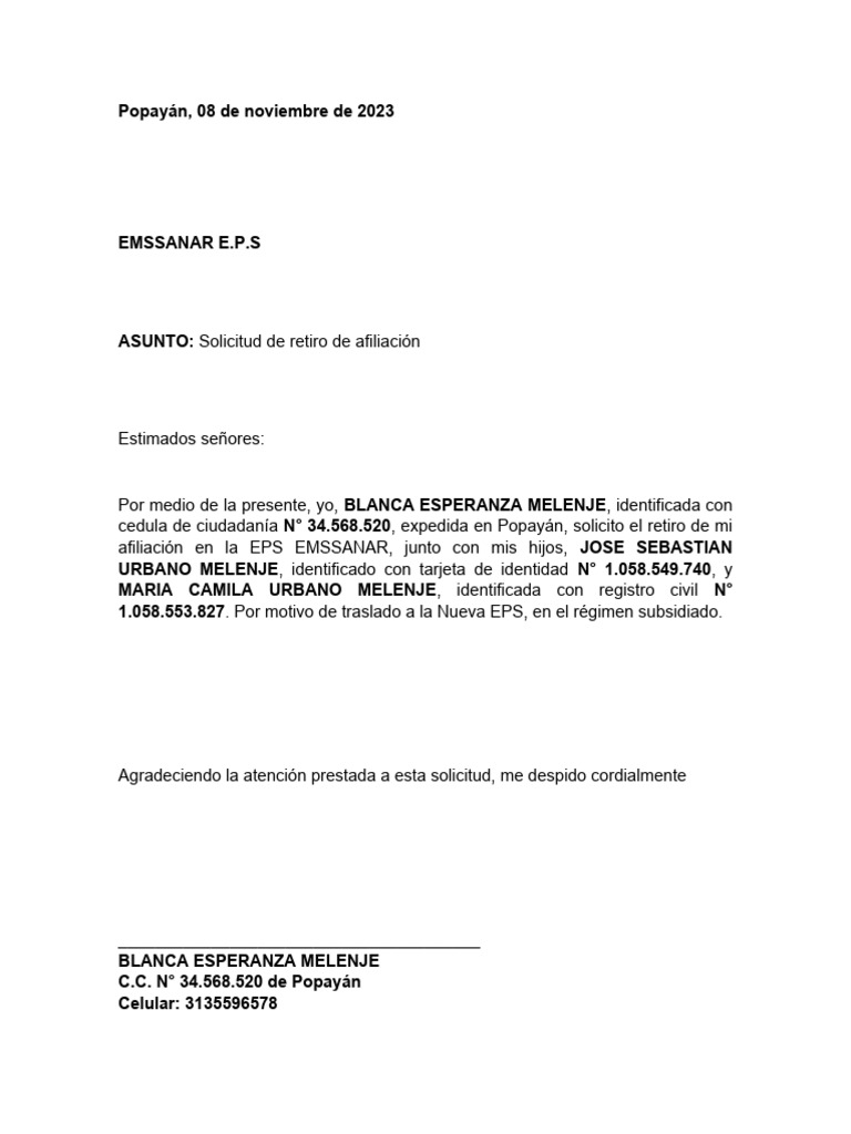 Carta de Retiro de EPS | PDF