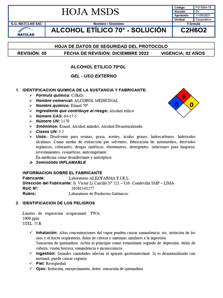 MSDS - Alcohol Etilico 70ºgl | Descargar gratis PDF | Etanol | Agua