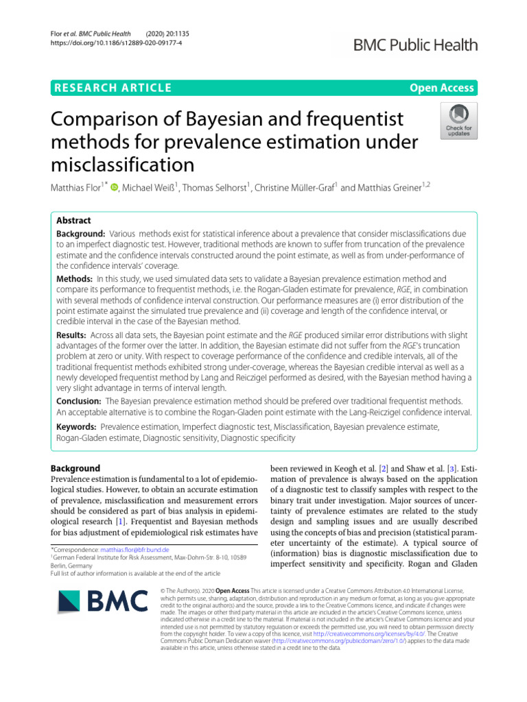 Comparison of Bayesian and Frequentist Methods For Prevalence Estimation Under Misclassification ...