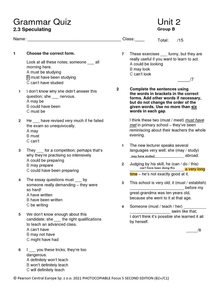 Focus5 2E Grammar Quiz Unit2.3 GroupB 2kol | PDF | Learning | Linguistics
