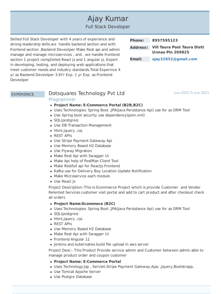 Ajay Kumar Full Stack Devolper Resume | PDF | Spring Framework | Software Development