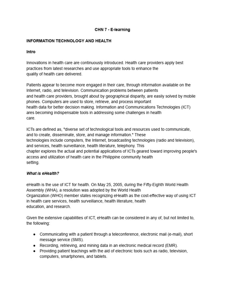 CHN 7 & 8 - E-Learning | PDF | Electronic Health Record | Educational Technology