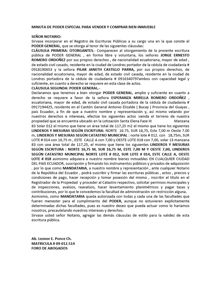 Minuta de Poder Especial para Vender y Comprar Bien Inmueble | PDF ...