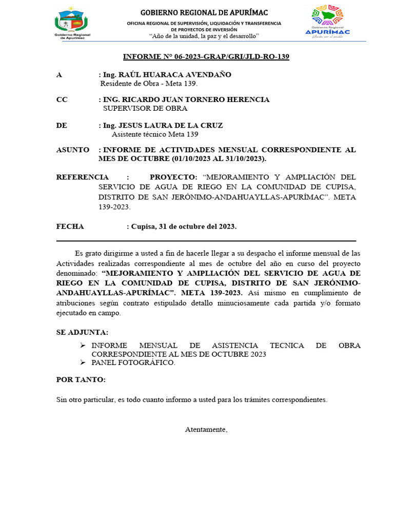 Informe Asistente Tecnicos Octubre 2023 Ok | PDF | Hormigón | Ingeniero civil