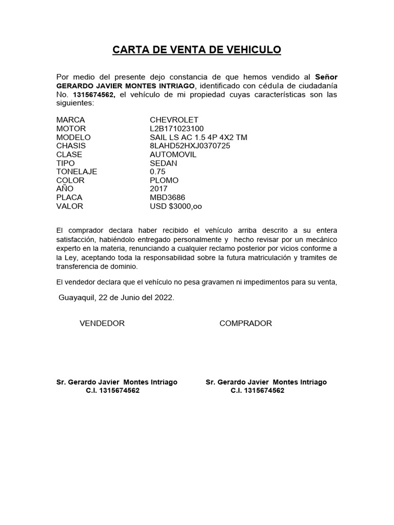 CARTA DE VENTA DE VEHICULO Venta Nueva | PDF